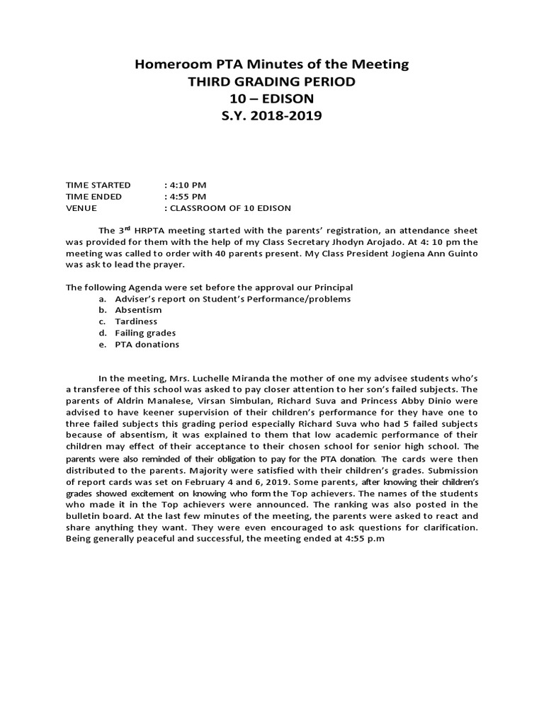 Minutes of HPTA Meeting | PDF | Learning | Behavior Modification