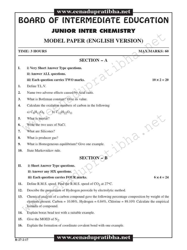 Jrinter Chemistry Model Paper 24 em | PDF | Hydrogen | Carbon