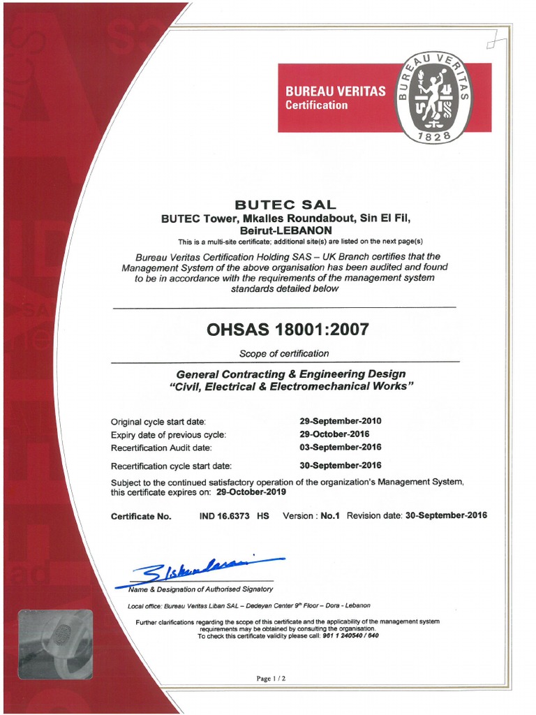 BUTEC OHSAS 18001 Certificate Exp. 2019 PDF | PDF