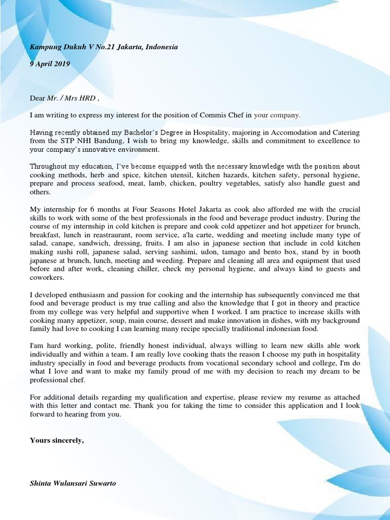 Cover Letter Cook (1) - Dikonversi | PDF | Lunch | Chef