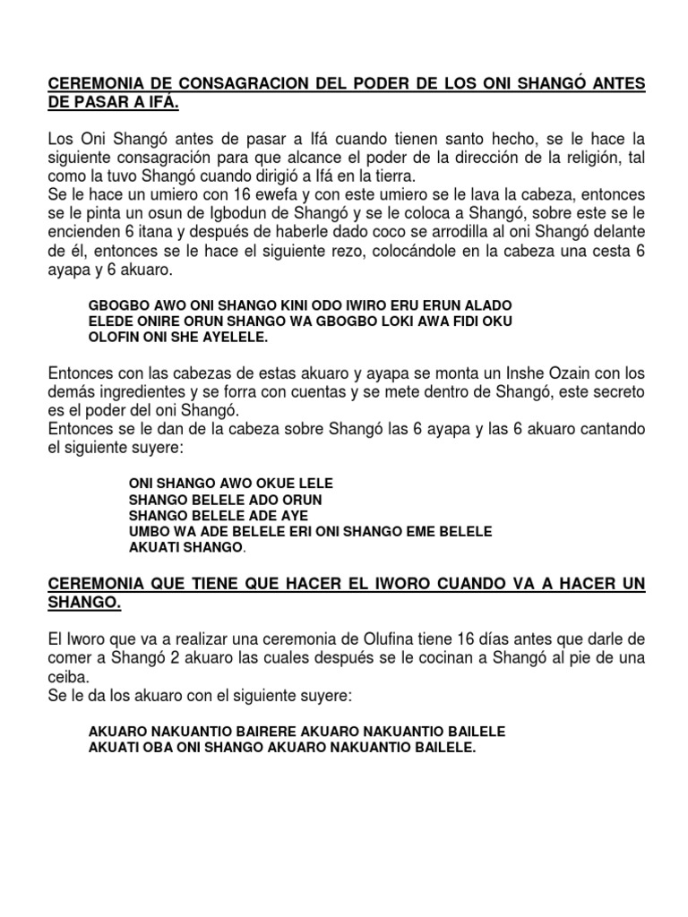 Ceremonia Previas de Consagracion de Los Oni Shangó | PDF | Religión étnica | Deidades