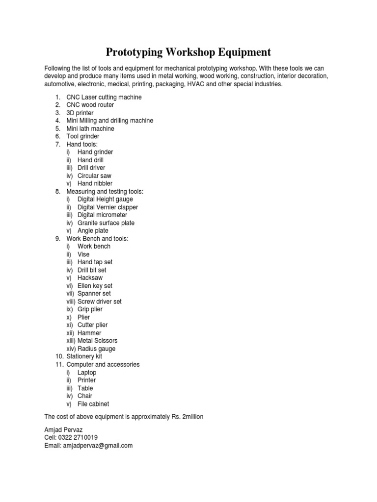 Prototyping Workshop Equipment List | PDF