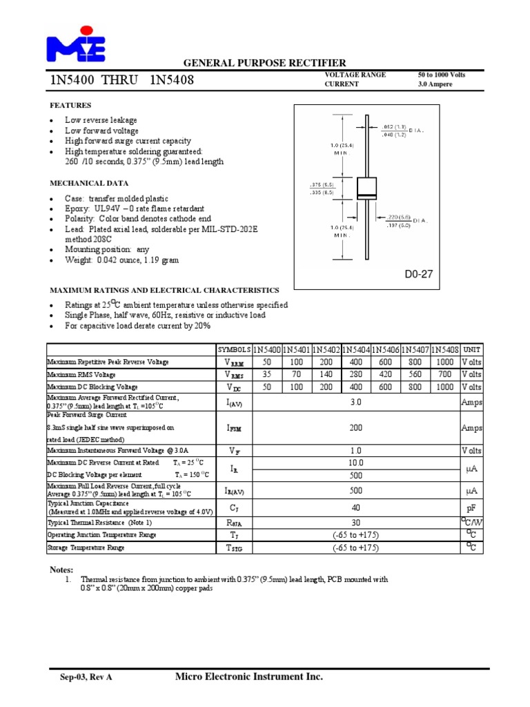 1N5400 THRU 1N5408: General Purpose Rectifier | PDF | Rectifier | Voltage