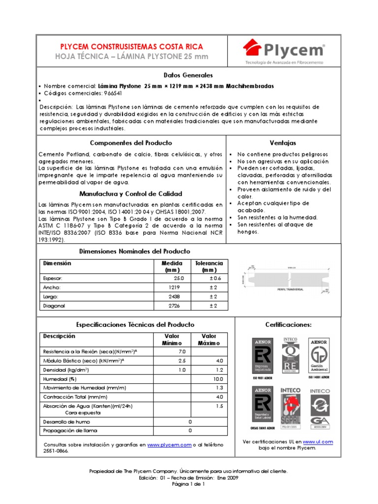 Hoja Técnica de Lamina Plystone 25mm | PDF | Cemento | Materiales