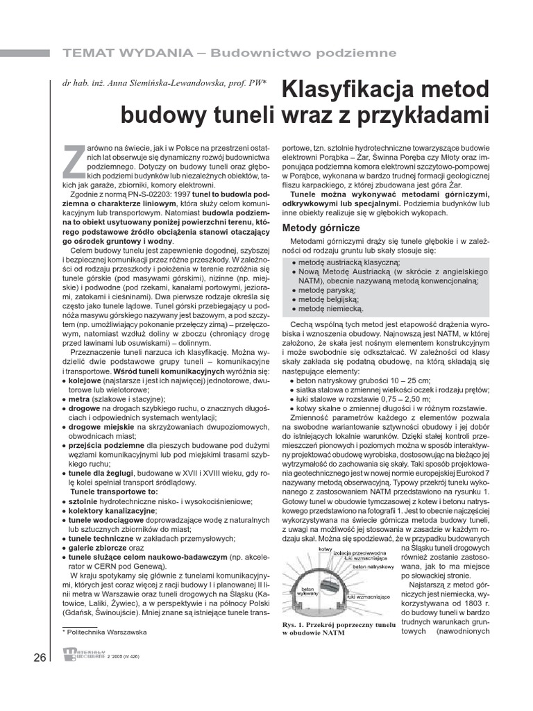 Klasyfikacja Metod Budowy Tuneli Wraz Z Przykładami | PDF