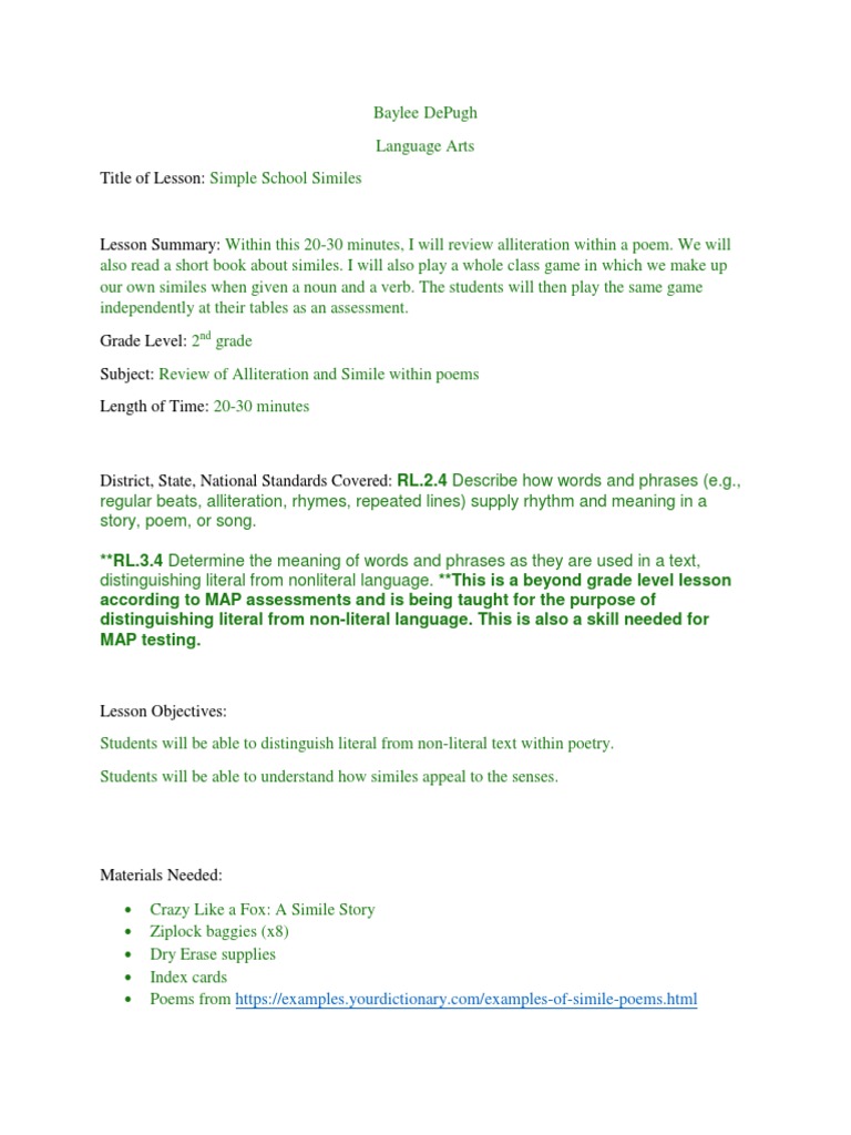 Simple School Similes Lesson Plan | PDF | Rhyme | Poetry