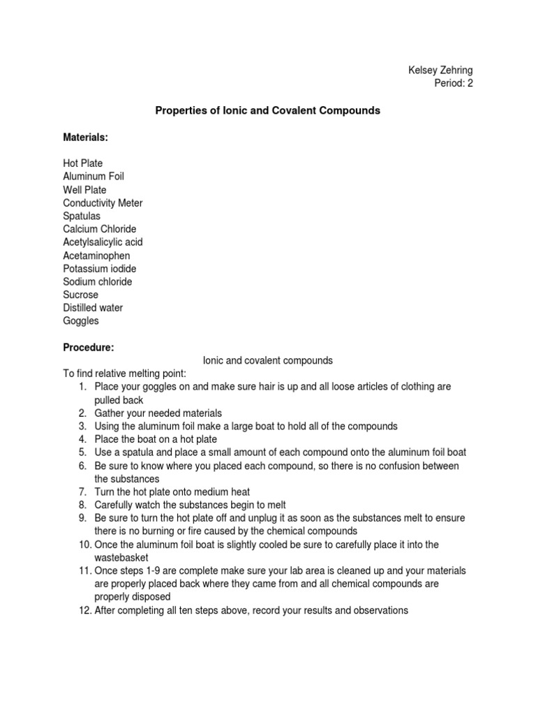 Lab Properties of Ionic and Covalent Compounds | PDF | Ionic Bonding ...