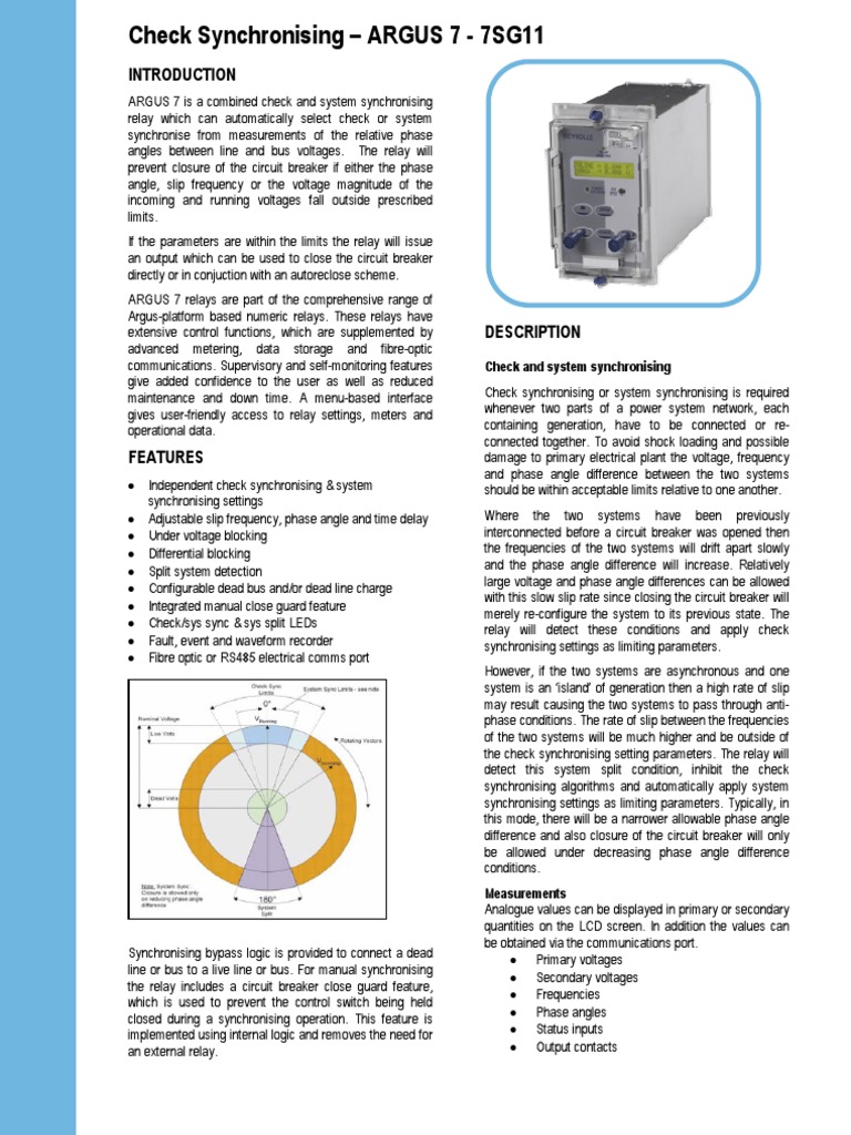 7SG11 Argus 7 Check Synhro | PDF | Relay | Direct Current