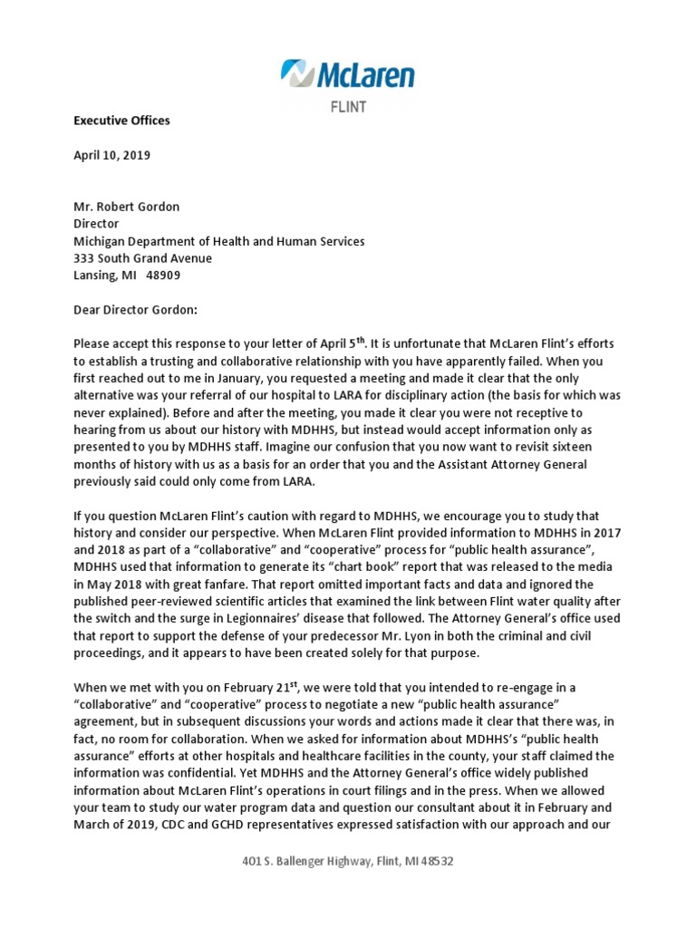 MDHHS - McLaren Flint Response Letter 4-10-19 PDF | PDF | Risk ...