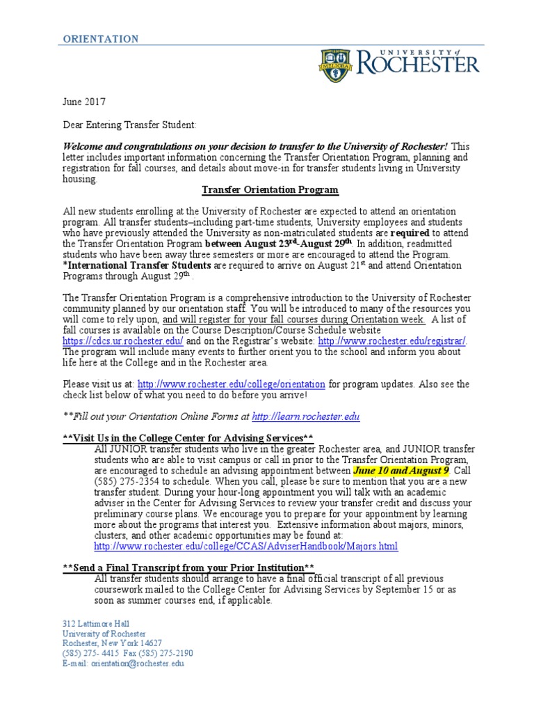 2017 Transfer Welcome Letter | PDF | Academia | Behavior Modification