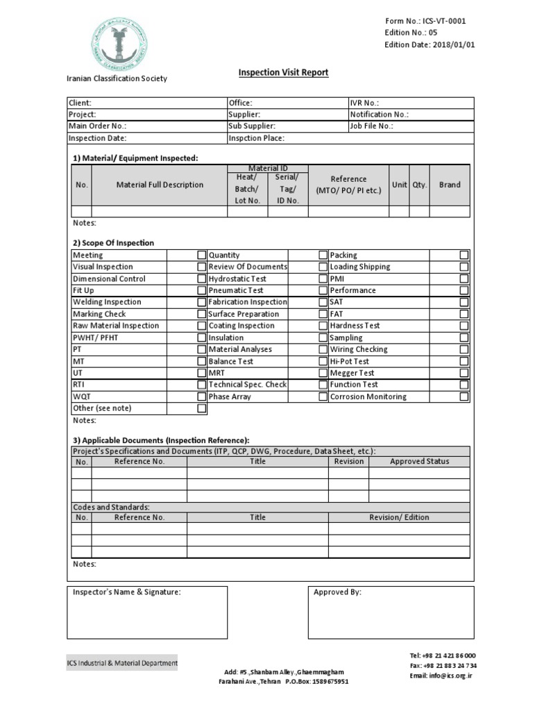 1) Material/ Equipment Inspected:: Inspection Visit Report | PDF ...