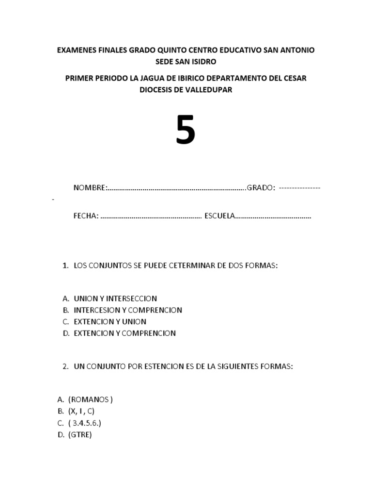 Evaluacion de Matematicas Grado 5 Primer Periodo | PDF | Enseñanza de ...