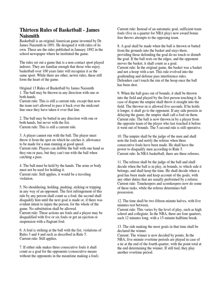 Naismith's Original 13 Basketball Rules | PDF | Referee | Ball Games