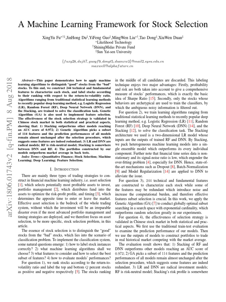 A Machine Learning Framework For Stock Selection Pdf Pdf Deep Learning Machine Learning