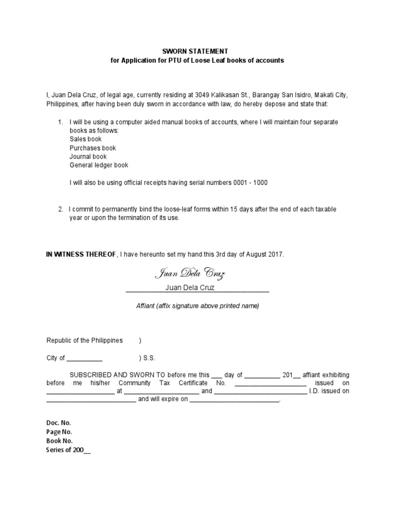 Sworn Statement For Loose Leaf PTU | PDF