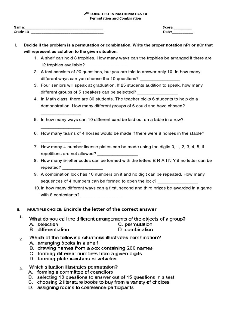 Grade 10 Math Long Test: Permutations & Combinations | PDF ...