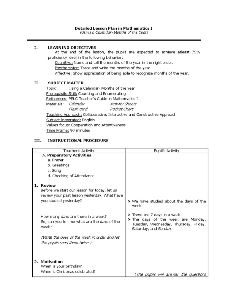 Detailed Lesson Plan in Mathematics I: Calendar Activity Sheets Flash ...