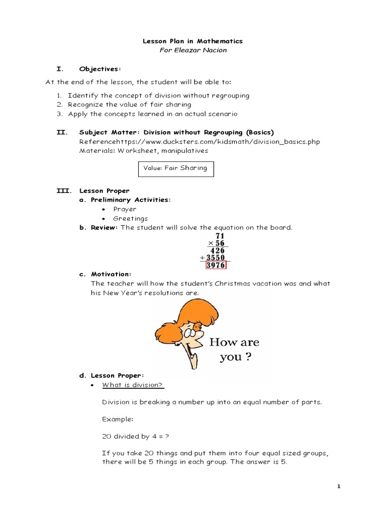 Division Basics Lesson Plan for Kids | PDF | Division (Mathematics ...
