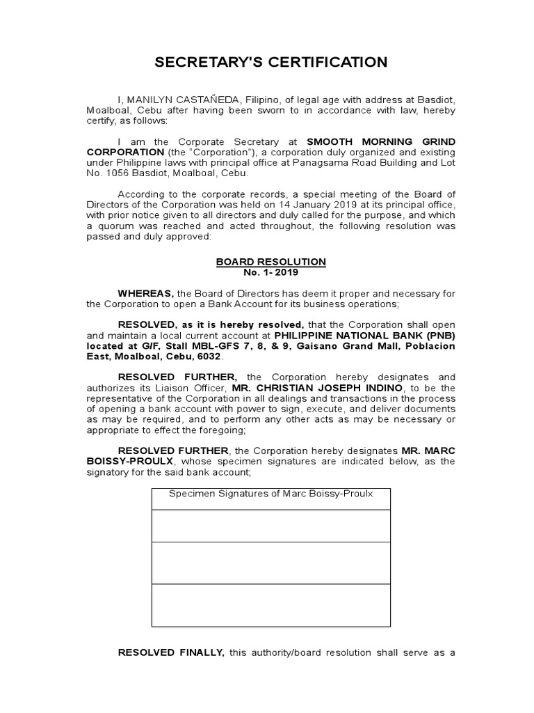 Board Resolution For Bank Account Opening | PDF | Signature | Board Of ...