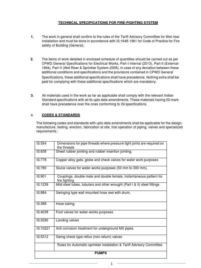 TECH SPECS FIRE FIGHTING | PDF | Pipe (Fluid Conveyance) | Battery Charger