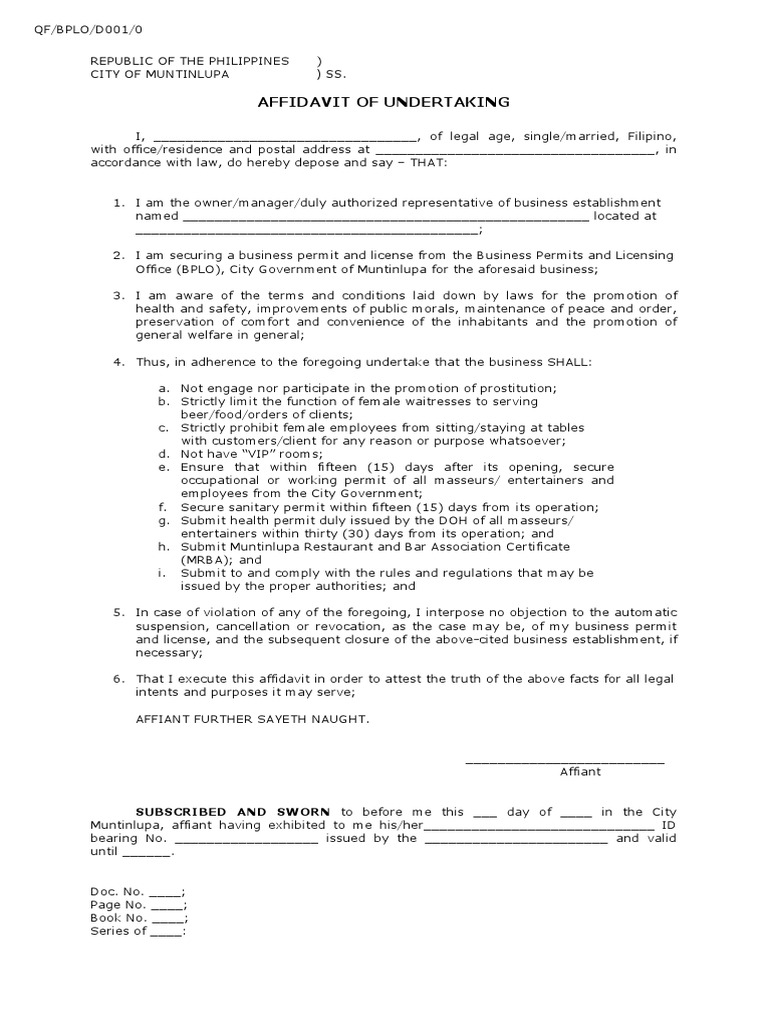 Affidavit of Undertaking: SUBSCRIBED AND SWORN To Before Me This - Day ...