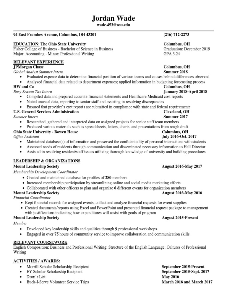 Internship Resume Final | PDF | Ohio State University | Leadership