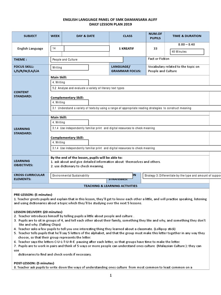 English Language Panel of SMK Damansara Aliff Daily Lesson Plan 2019 ...