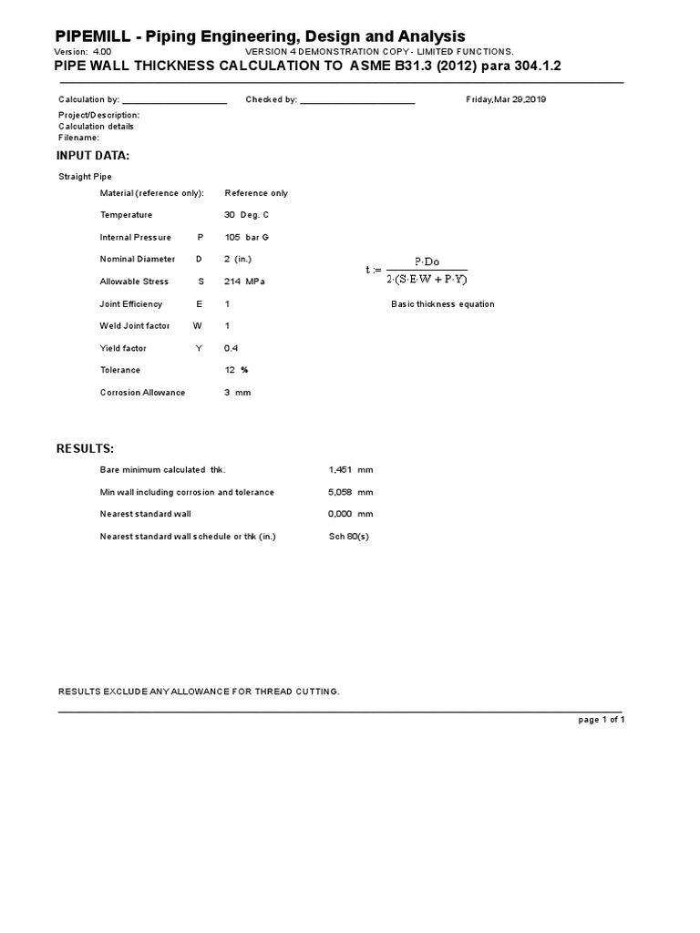 PIPEMILL - Piping Engineering, Design and Analysis: Pipe Wall Thickness ...