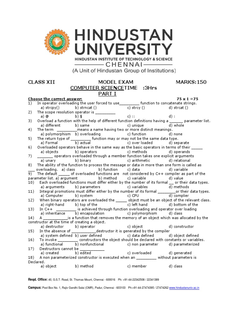 Class Xii Model Exam Marks:150 Computer Sciencetime:3Hrs | Download ...