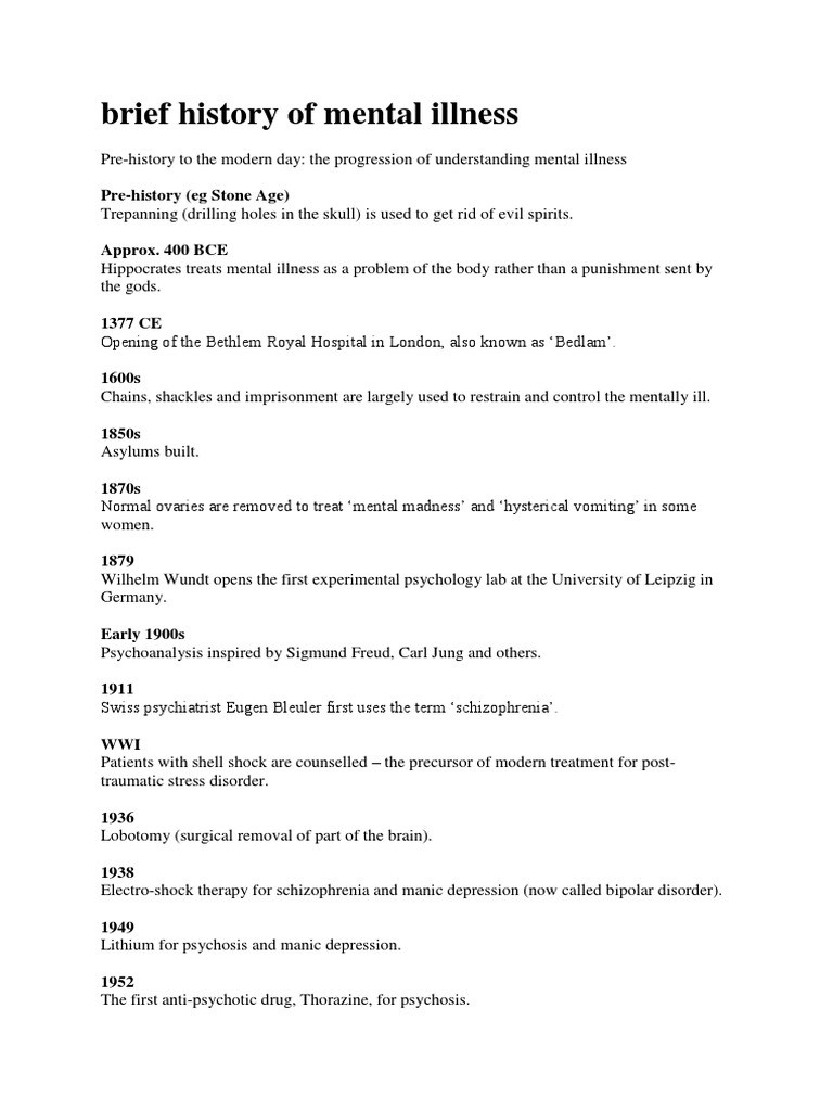 Brief History of Mental Illness | PDF | Mental Disorder | Psychiatric ...
