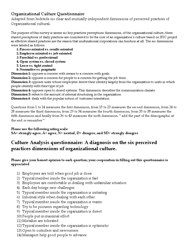 Organisational Culture Questionnaire | Organizational Culture ...