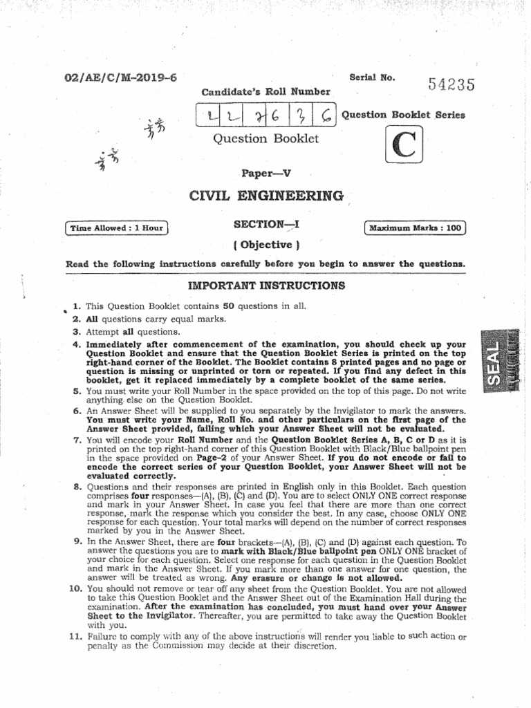 BPSC-AE-MAINS-2019-QUESTION-PAPER-CIVIL-ENGINEERING-PAPER-I.pdf | Beam ...