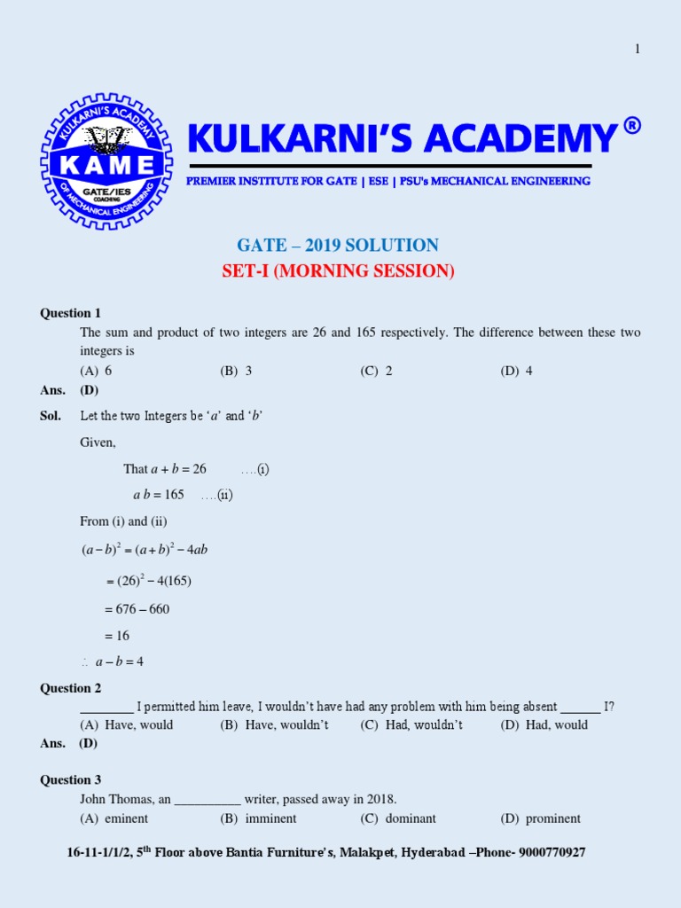 Gate 2019 Set 1 Solution PDF | PDF | Yield (Engineering) | Building Engineering