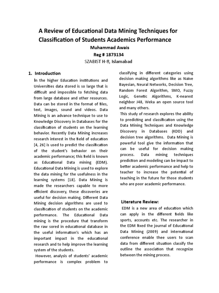 Classification of Students' Academic Performance Using Data Mining Techniques: A Review of ...