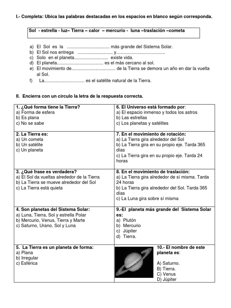 Evaluación Sistema Solar | PDF | Sistema solar | Tierra