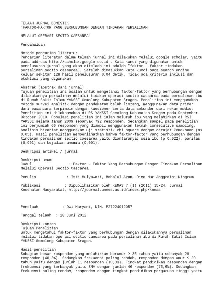 Telaah Jurnal: Sectio Caesarea di RS YAKSSI | PDF