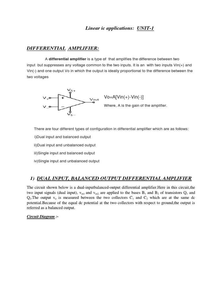 Linear Ic Applications: UNIT-1: Vo A (Vin (+) - Vin (-) ) | PDF ...