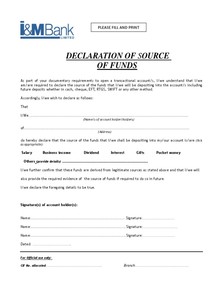 Declaration of Source of Funds PDF | PDF