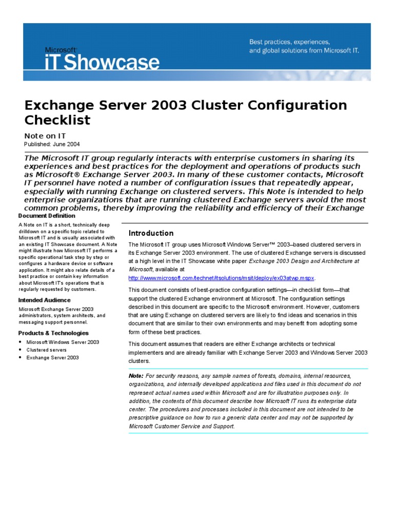 Exch Cluster Checklist Note | PDF | Computer Cluster | Microsoft ...