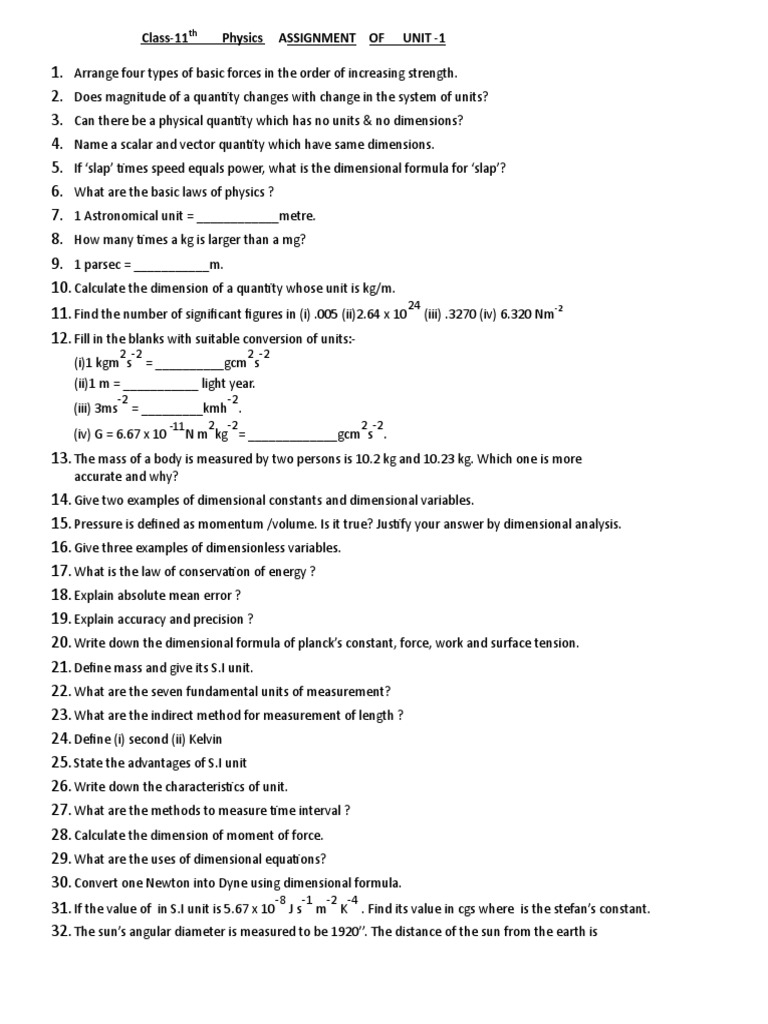 Class-11 Physics Assignment of Unit - 1 | PDF | Physics | Physical ...