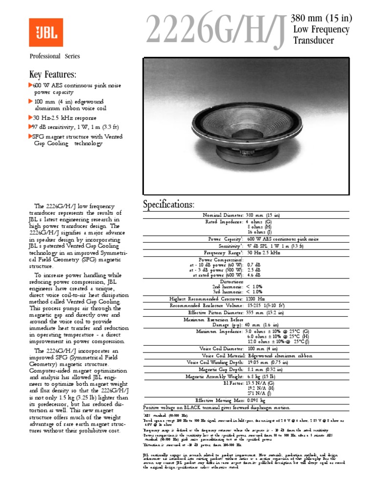JBL 2226H Low Frequency Transducer Specs | PDF | Inductor | Audio ...