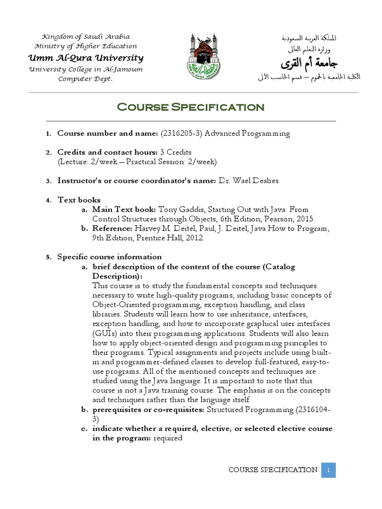Course Specification: Umm Al-Qura University | PDF | Object Oriented ...