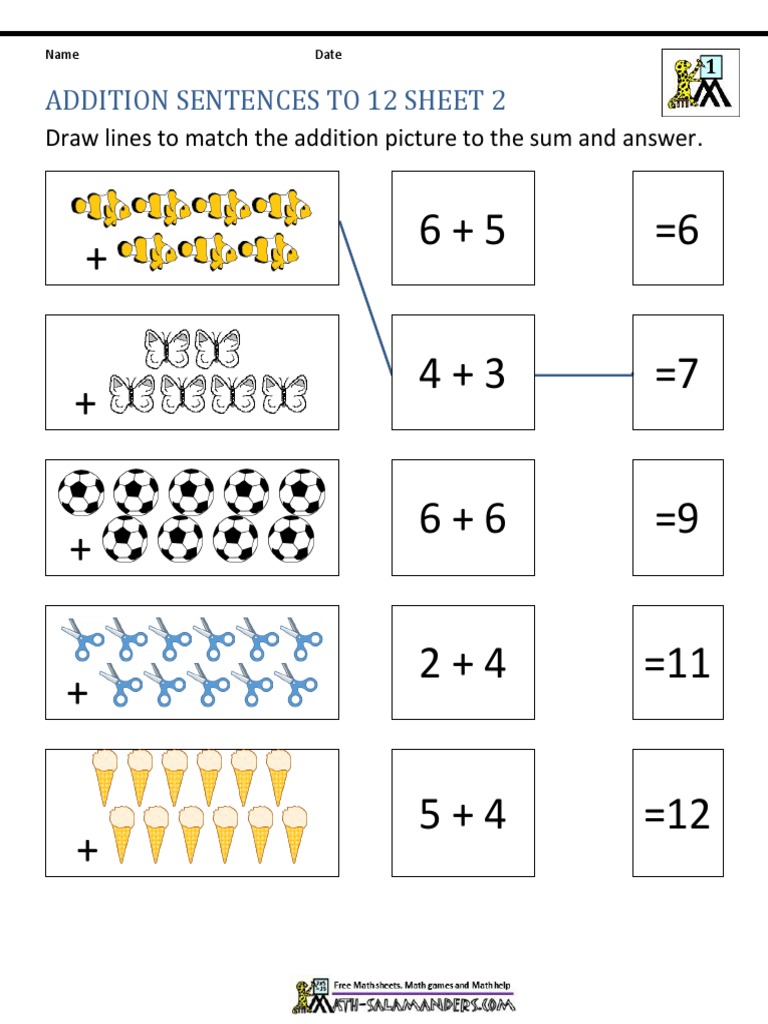 Addition Sentences To 12 Sheet 2: Draw Lines To Match The Addition ...