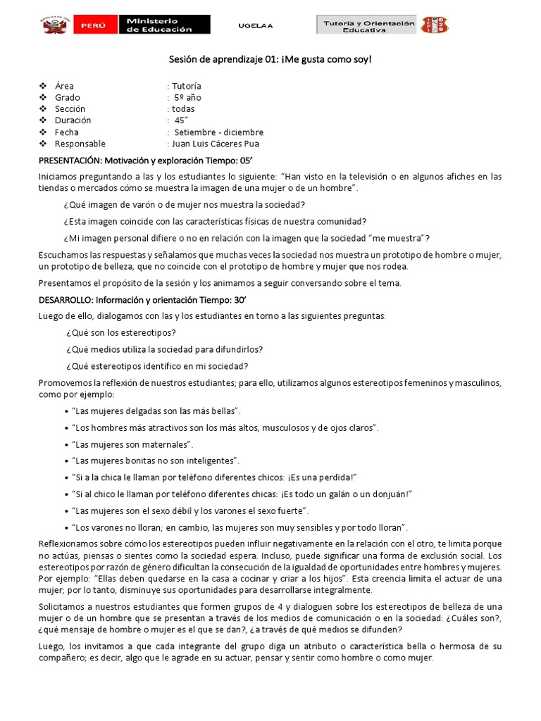 Sesión de Aprendizaje 01 ¡Me Gusta Como Soy! | PDF | Estereotipos | Hombre