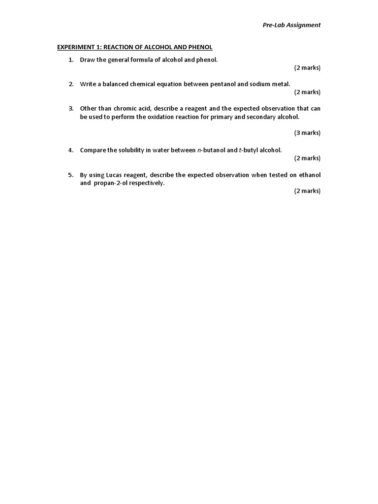 Experiment 1: Reaction of Alcohol and Phenol: Pre-Lab Assignment | PDF