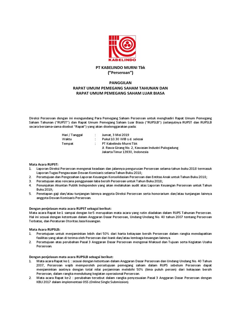 Panggilan RUPS 2019 - Invitation RUPS 2019 | PDF