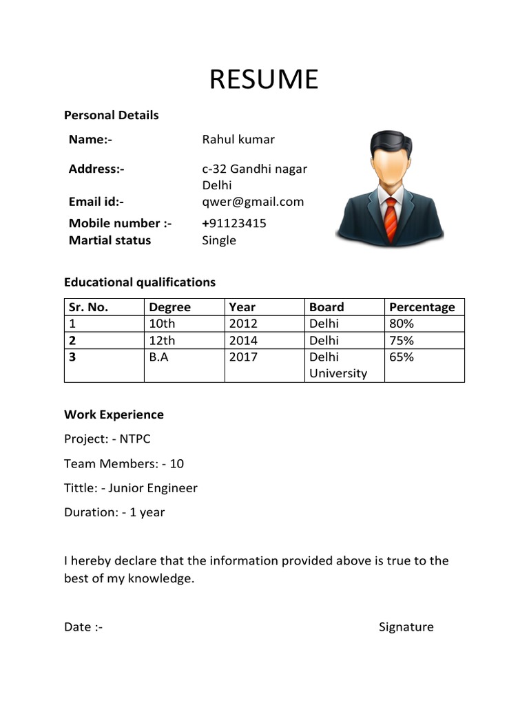 Resume: Personal Details Name:-Address: - Email Id: - Mobile Number ...