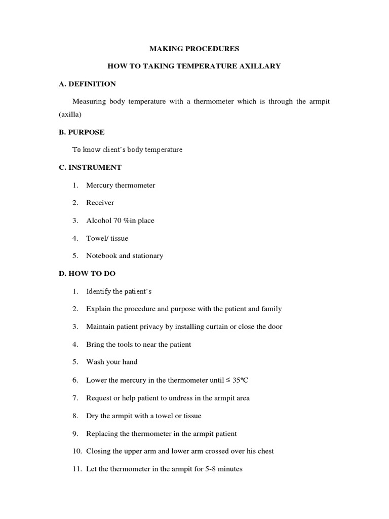Making Procedures How To Taking Temperature Axillary A. Definition | PDF
