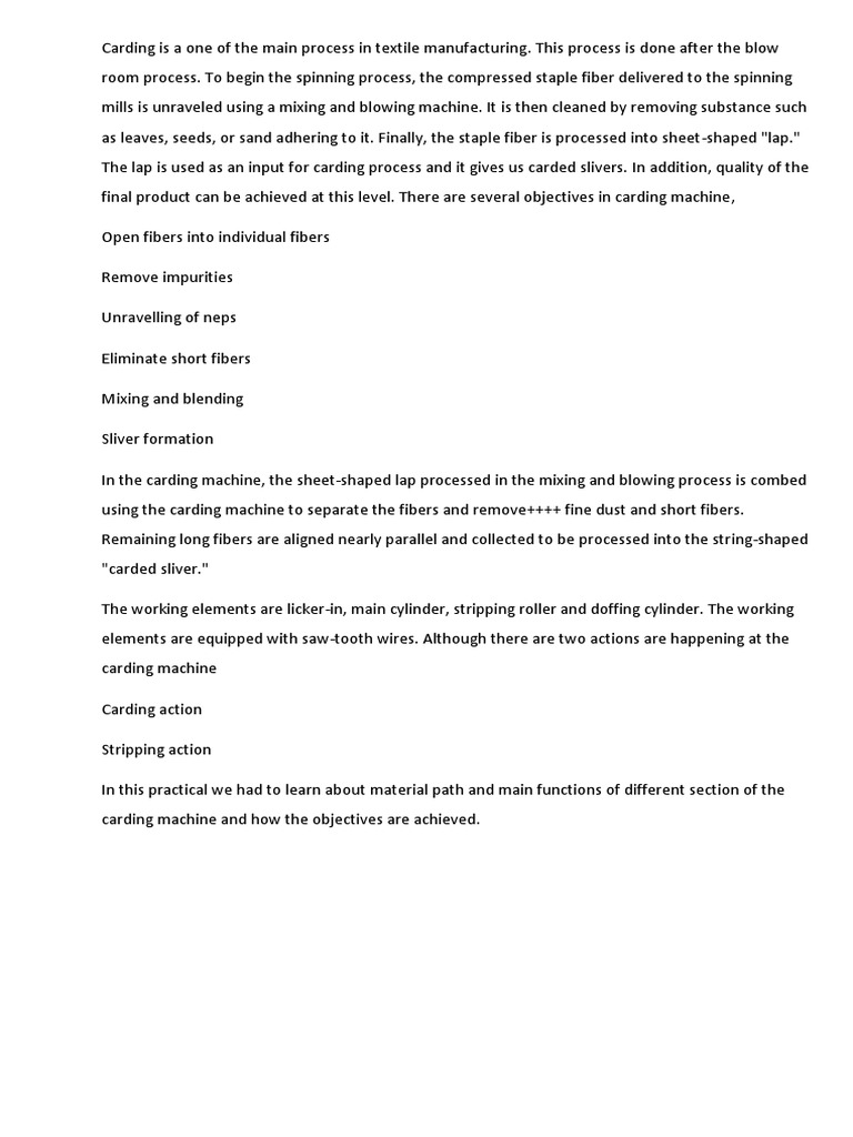 Textile Carding Process Guide | PDF | Yarn | Spinning (Textiles)