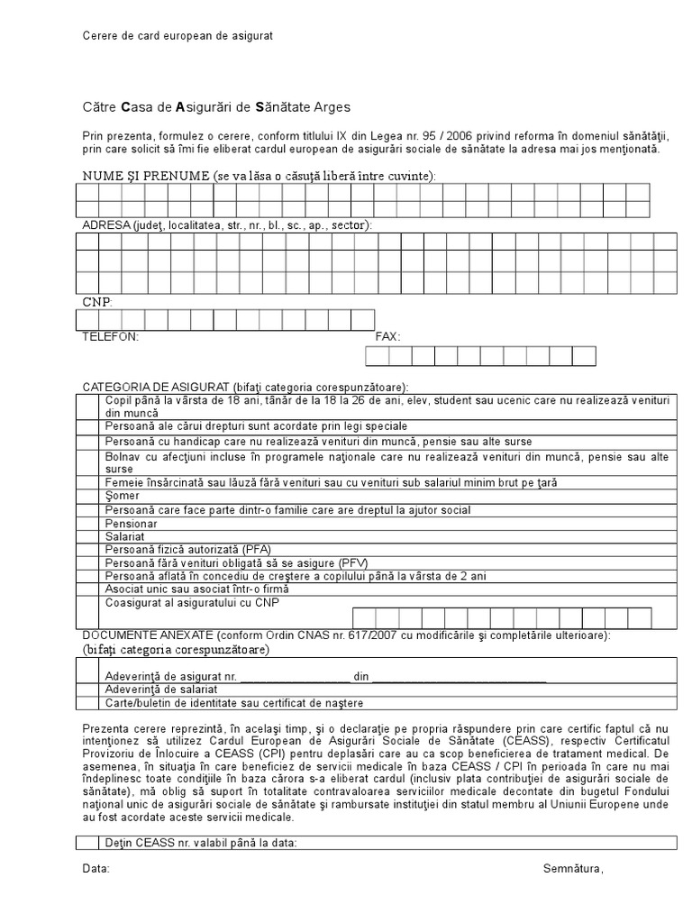 Cerere Card European de Sanatate | PDF